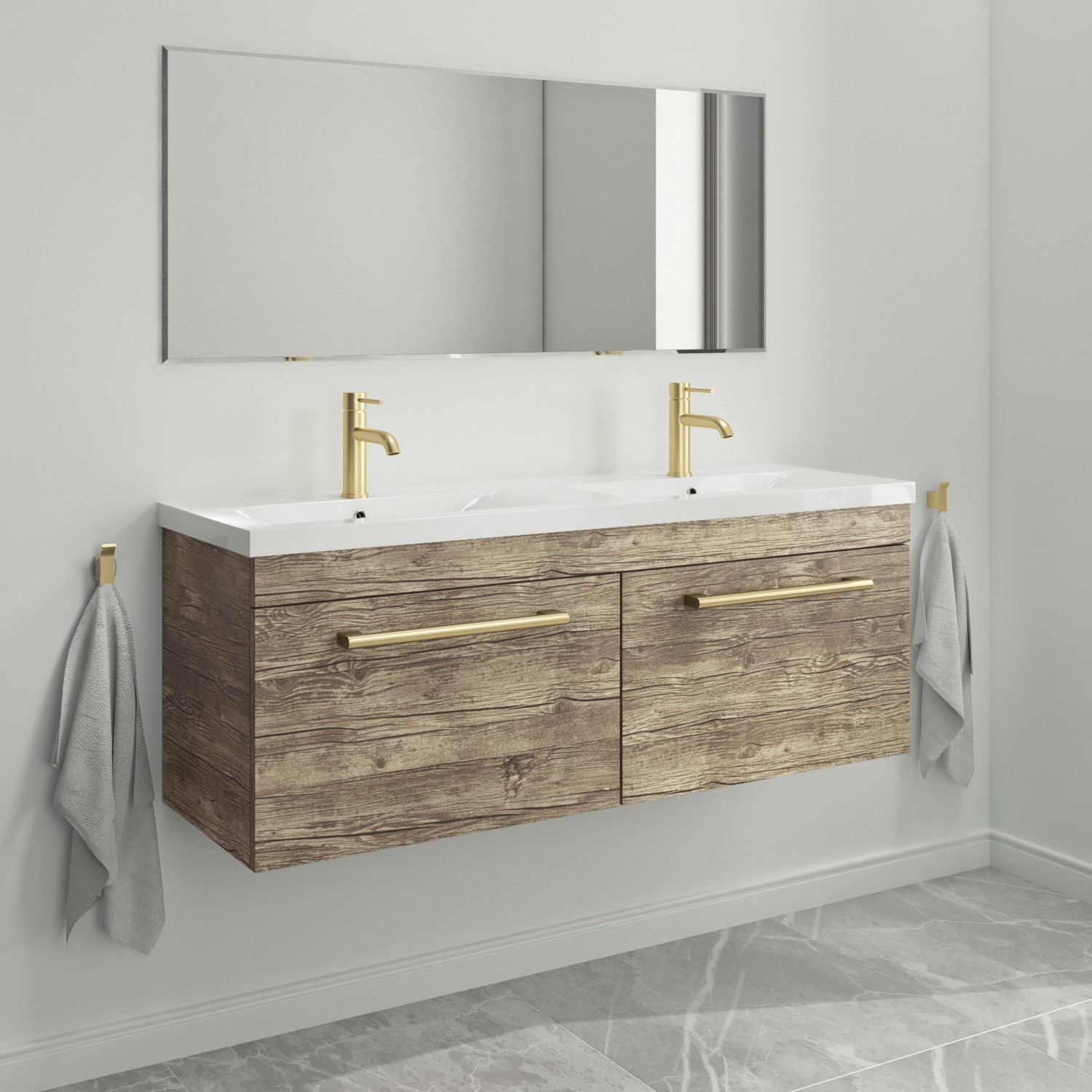 1200mm Wood Effect Wall Hung Double Vanity Unit with Basin and Brushed ...