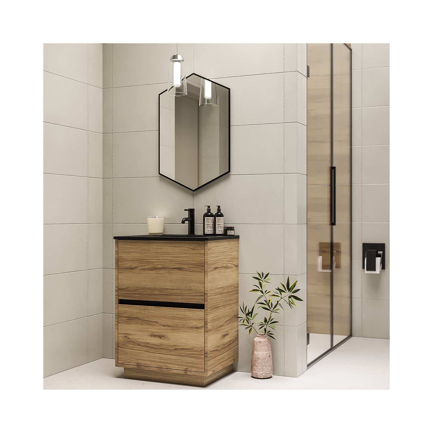 Grade A1 - 600mm Wood Effect Freestanding Vanity Unit with Matt Black ...