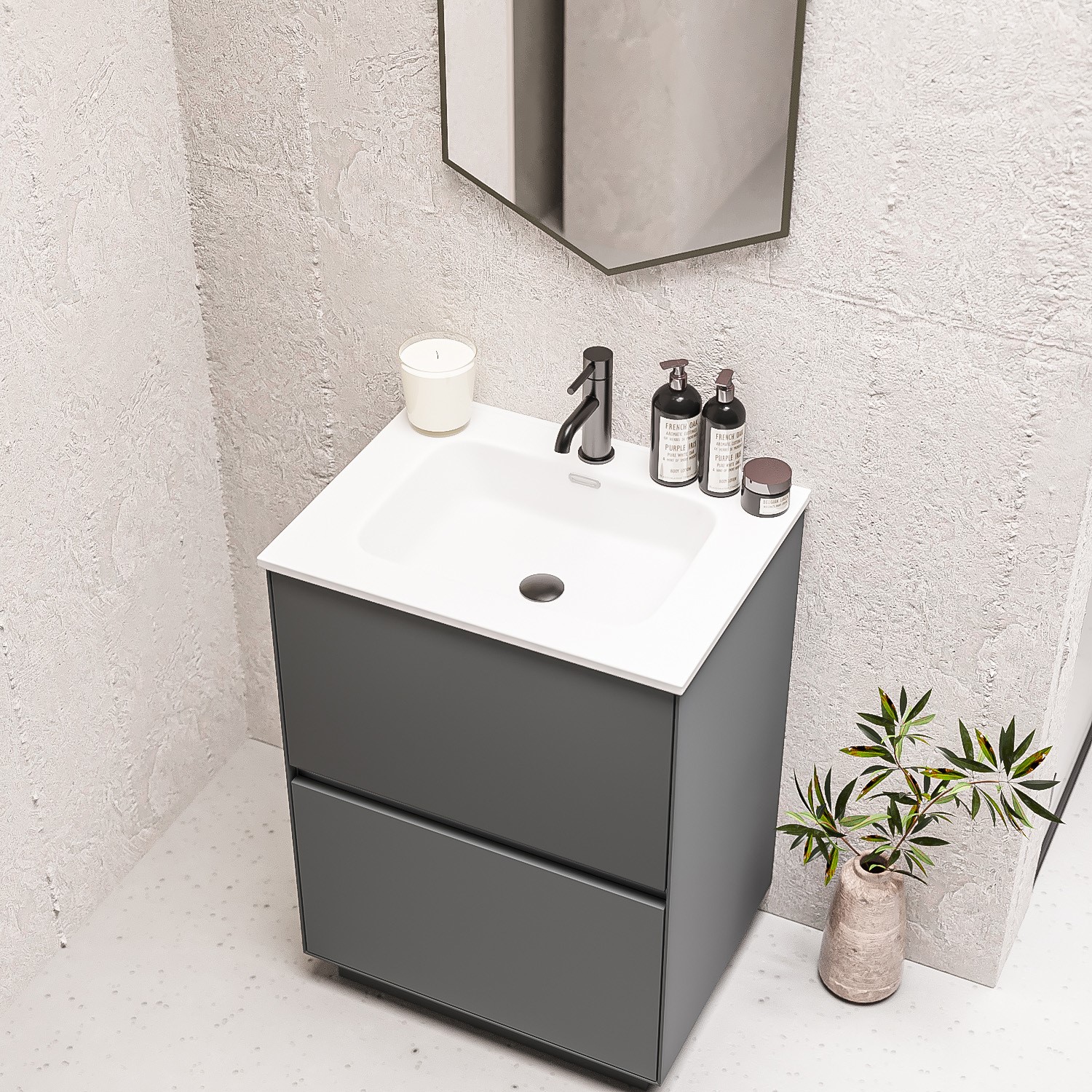 600mm Grey Freestanding Vanity Unit with Matt White Basin - Roxbi ...