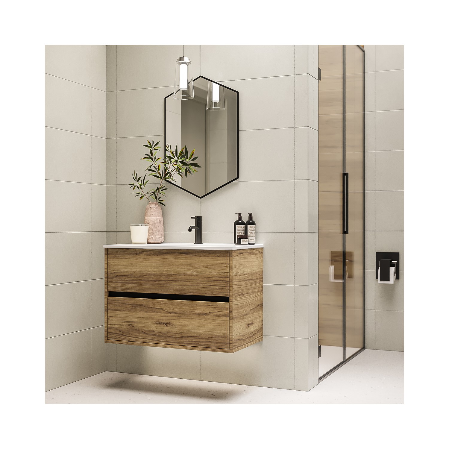 Grade A2 - 800mm Wood Effect Wall Hung Vanity Unit with Basin - Roxbi ...