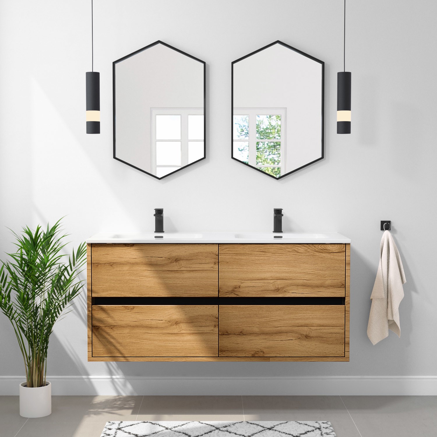 Grade A2 - 1200mm Wood Effect Wall Hung Double Vanity Unit with Basins ...