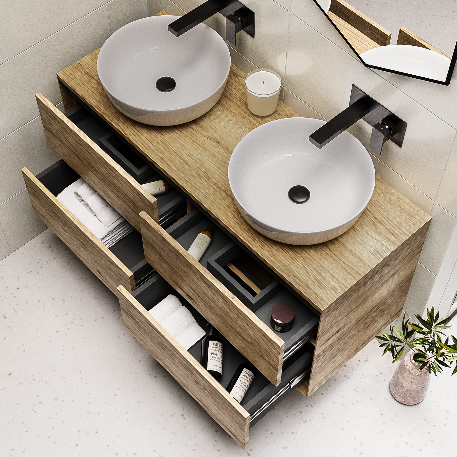 1200mm Wood Effect Wall Hung Double Countertop Vanity Unit with Basin ...