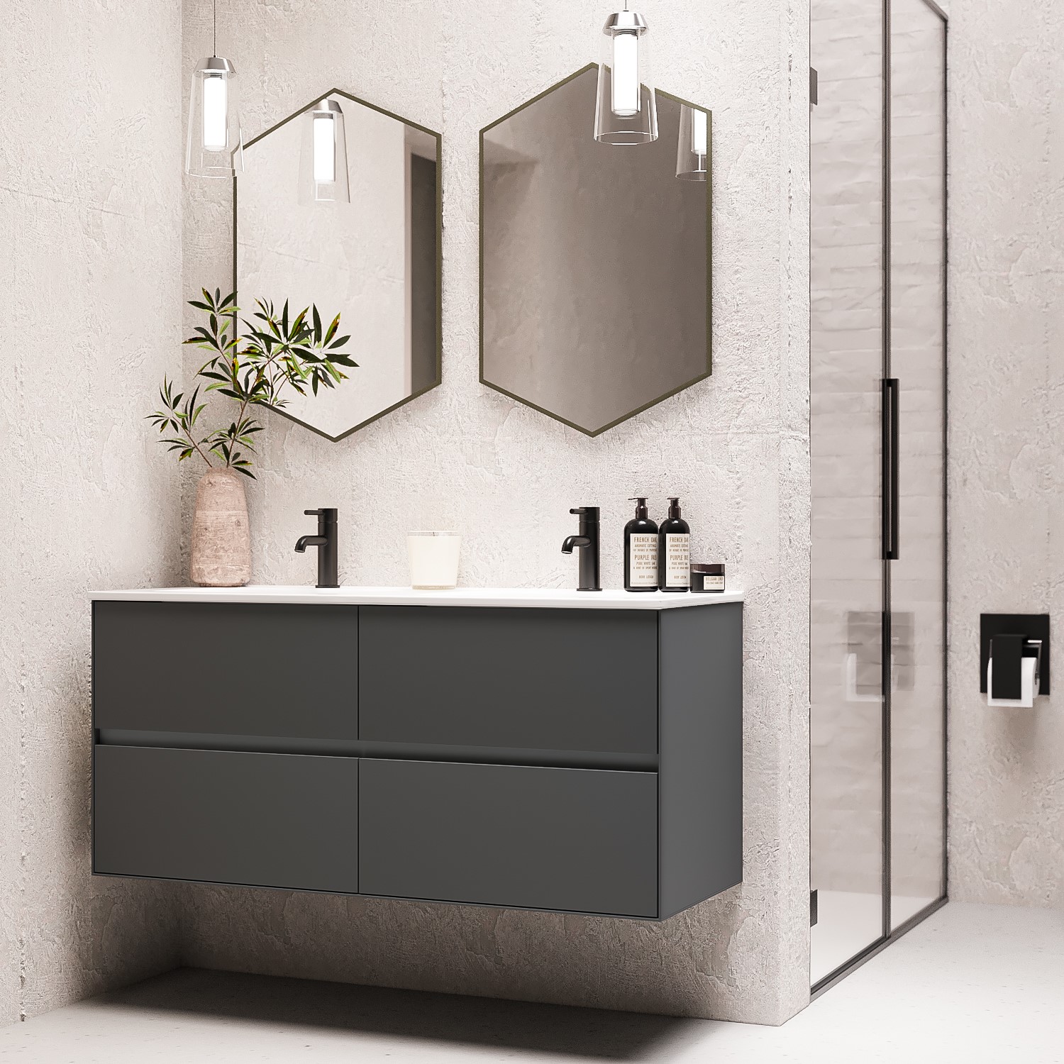 Grade A1 - 1200mm Grey Wall Hung Double Vanity Unit with Basin - Roxbi ...