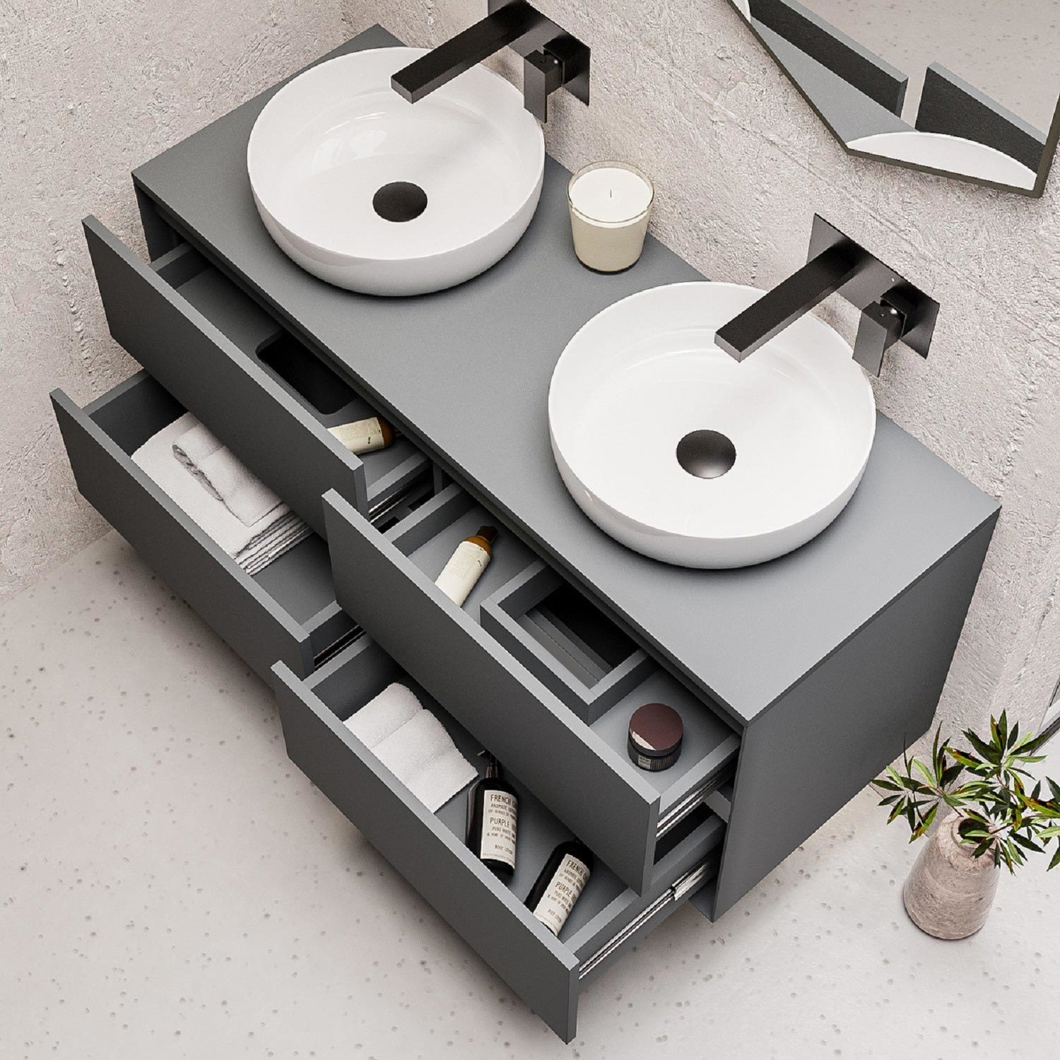 1200mm Grey Wall Hung Double Countertop Vanity Unit with Basin - Roxbi ...