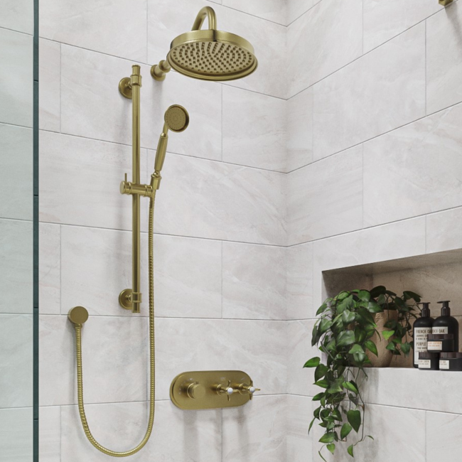 Brushed Brass Concealed Thermostatic Mixer Shower with Wall Shower Head ...