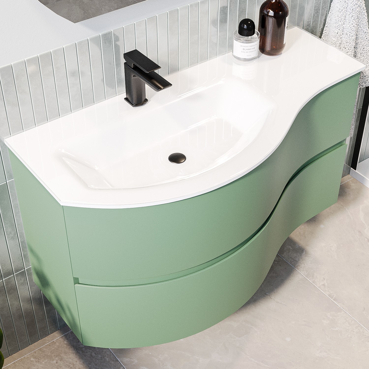 Grade A2 - 1000mm Green Wall Hung Left Hand Curved Vanity Unit with ...
