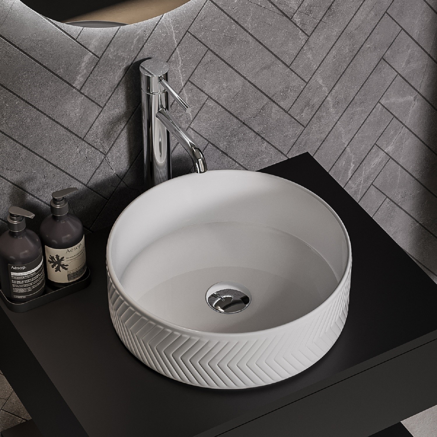 600mm Black Wall Hung Countertop Vanity Unit with Chevron Basin and ...