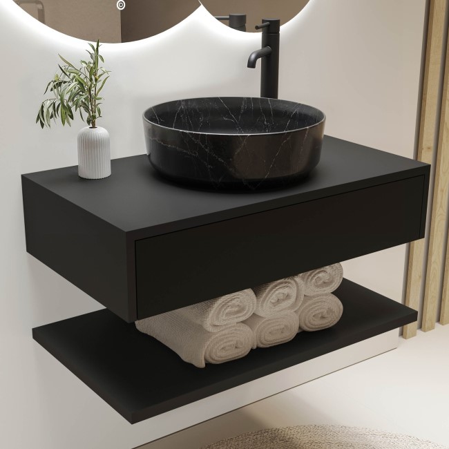 800mm Black Wall Hung Countertop Vanity Unit with Black Marble Effect ...