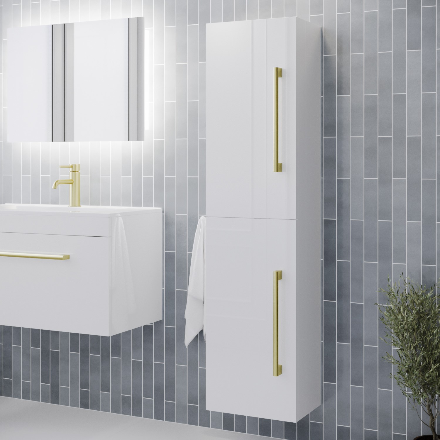 Grade A2 Double Door White Wall Hung Tall Bathroom Cabinet With