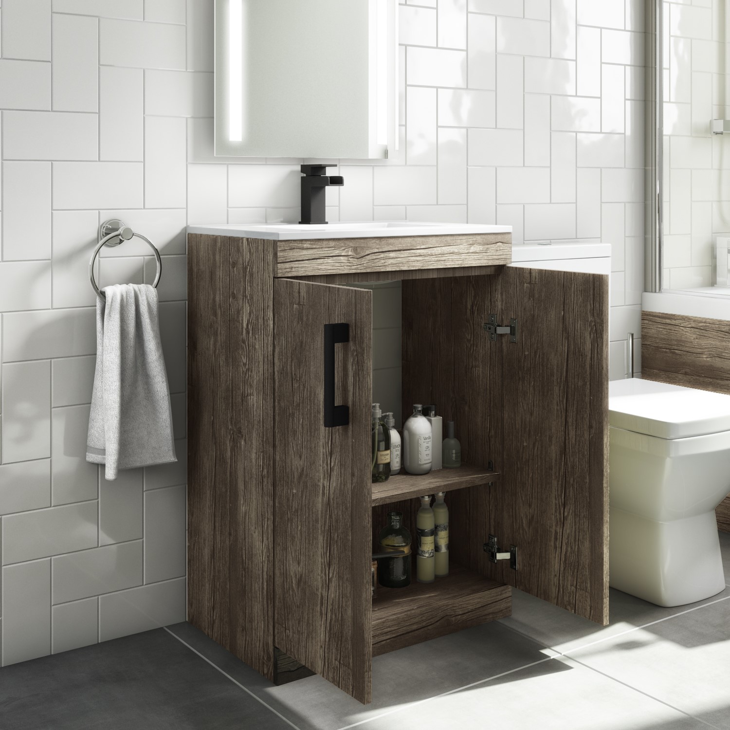 600mm Wood Effect Floorstanding Door Vanity Unit with Basin and Black ...