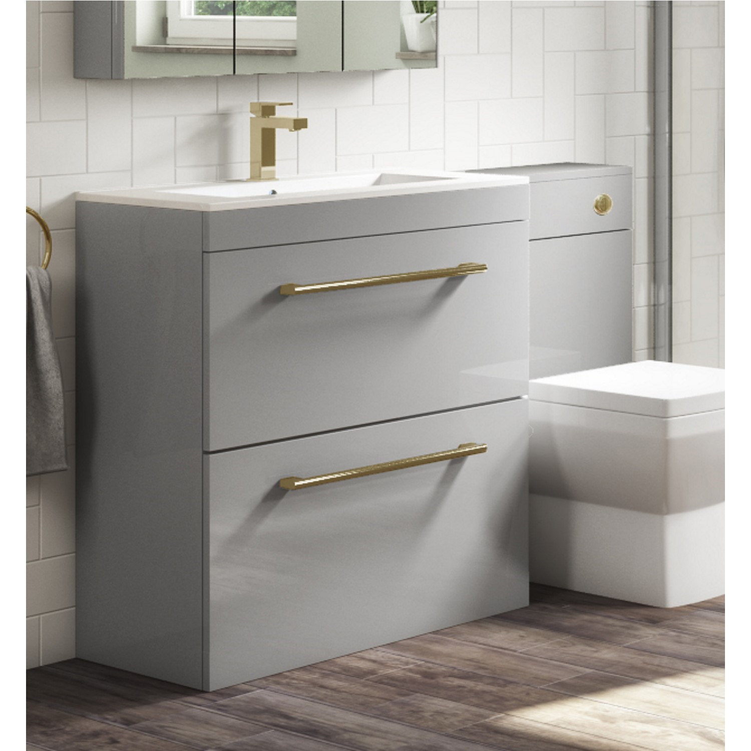 800mm Grey Freestanding Vanity Unit with Basin and Brass Handles ...