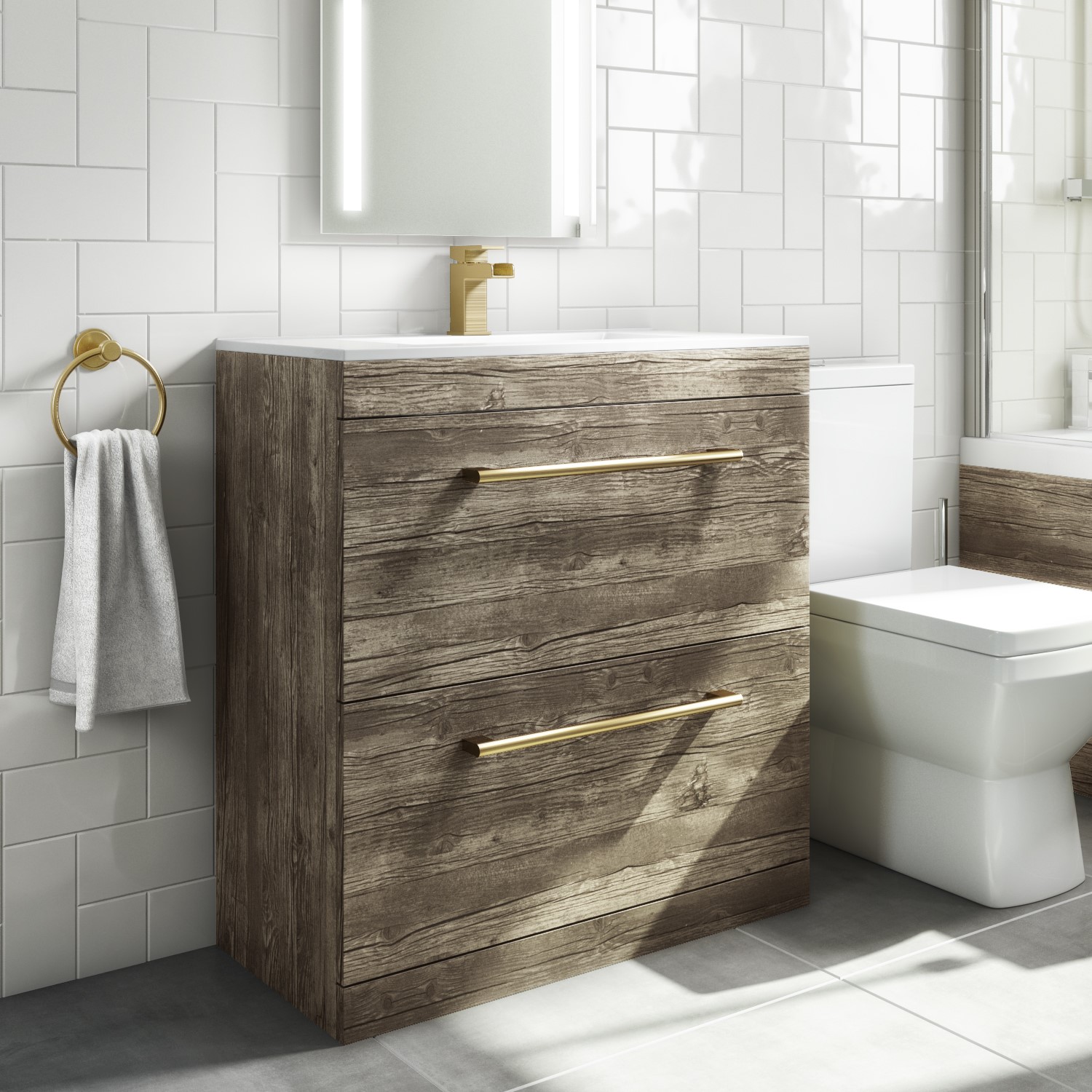 800mm Wood Effect Floor Standing Vanity Unit with Basin and Brushed ...
