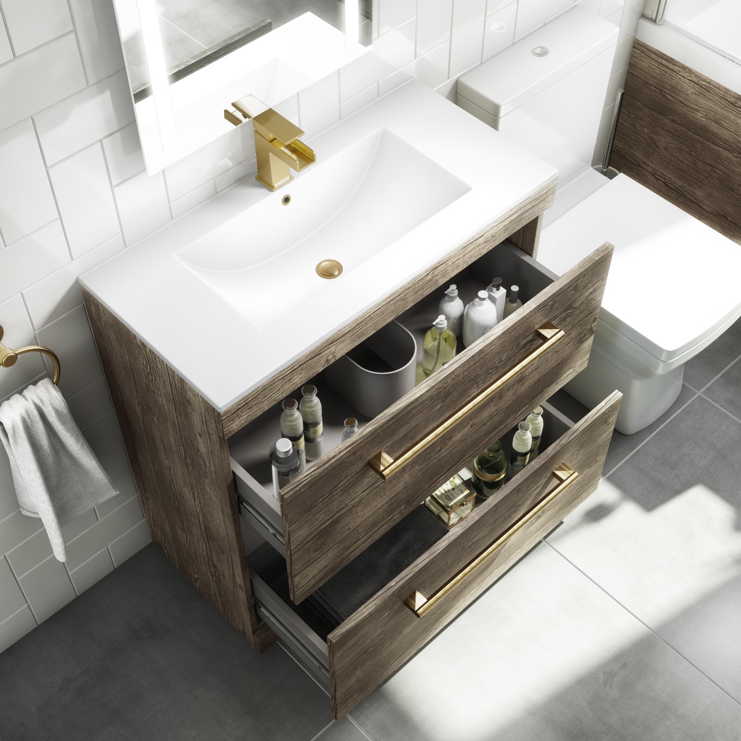 800mm Wood Effect Floor Standing Vanity Unit with Basin and Brushed ...