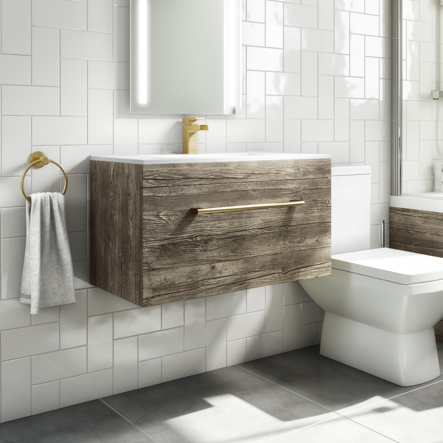 800mm Wood Effect Wall Hung Vanity Unit with Basin and Brushed Brass ...