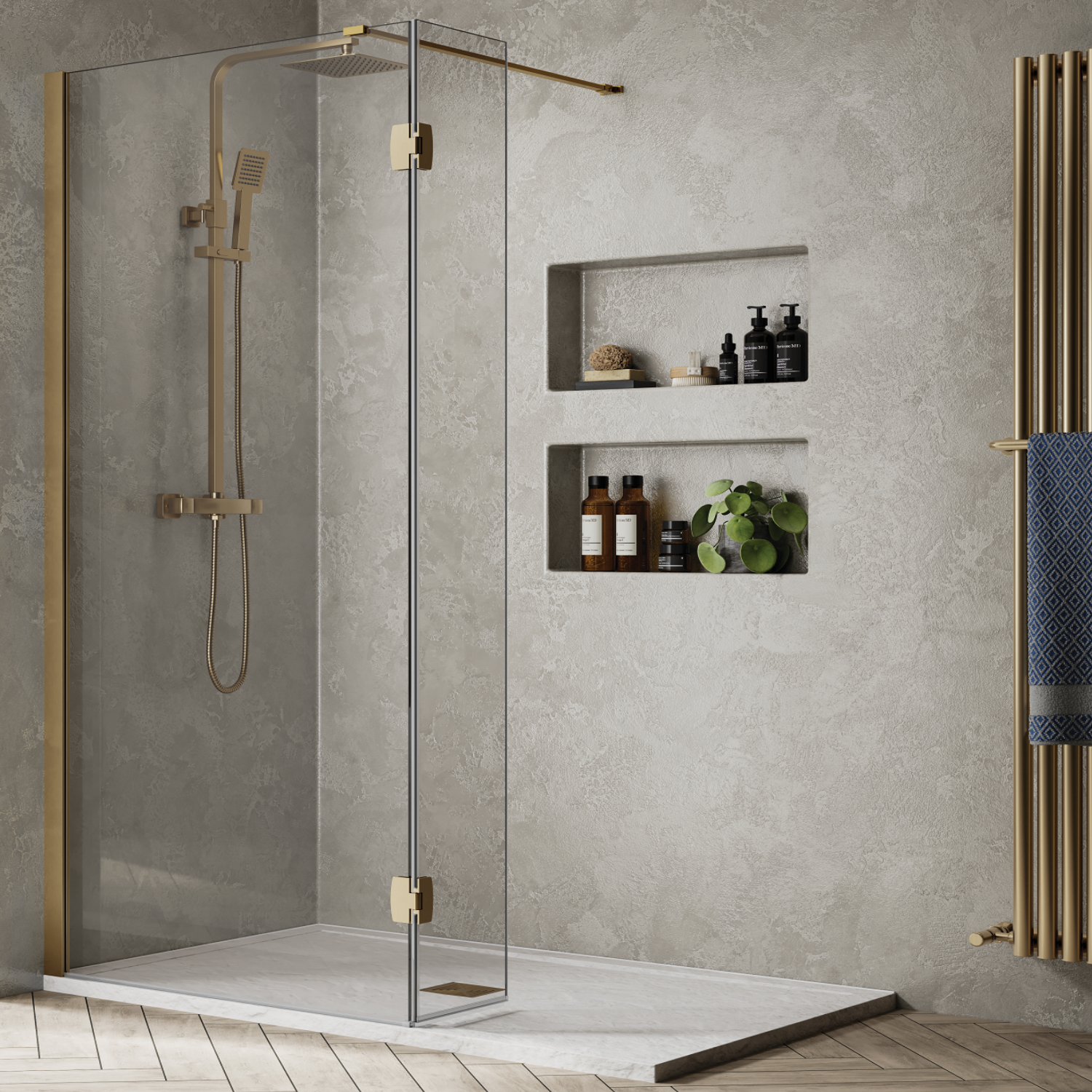 800mm Brushed Brass Frameless Wet Room Shower Screen With Hinged Return
