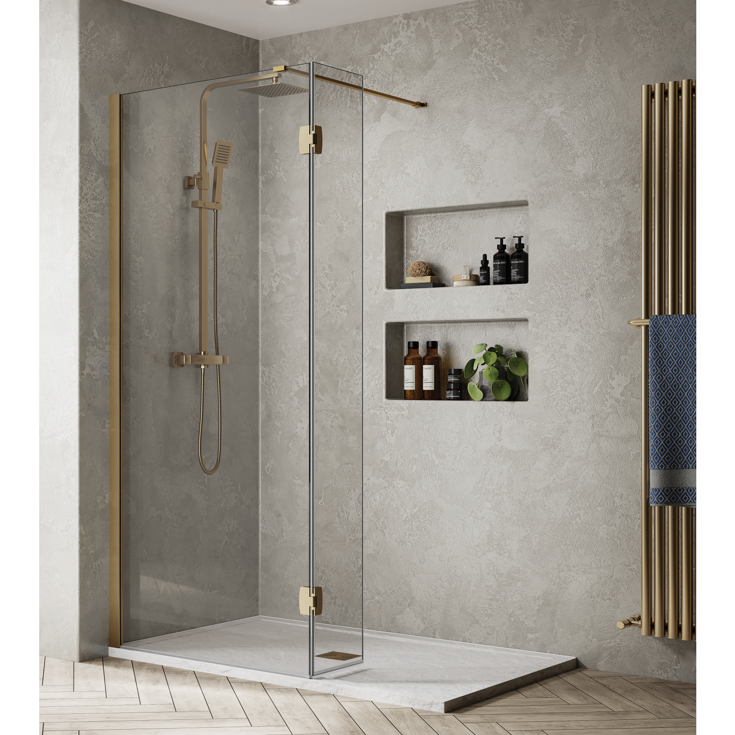 1400x900mm Brushed Brass Frameless Wet Room Shower Screen With Return