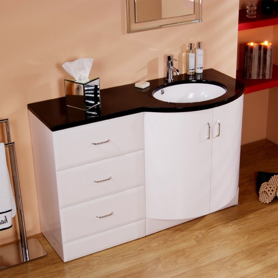 Bow Front Vanity Unit with Basin - Door & Drawers with Black Worktop ...