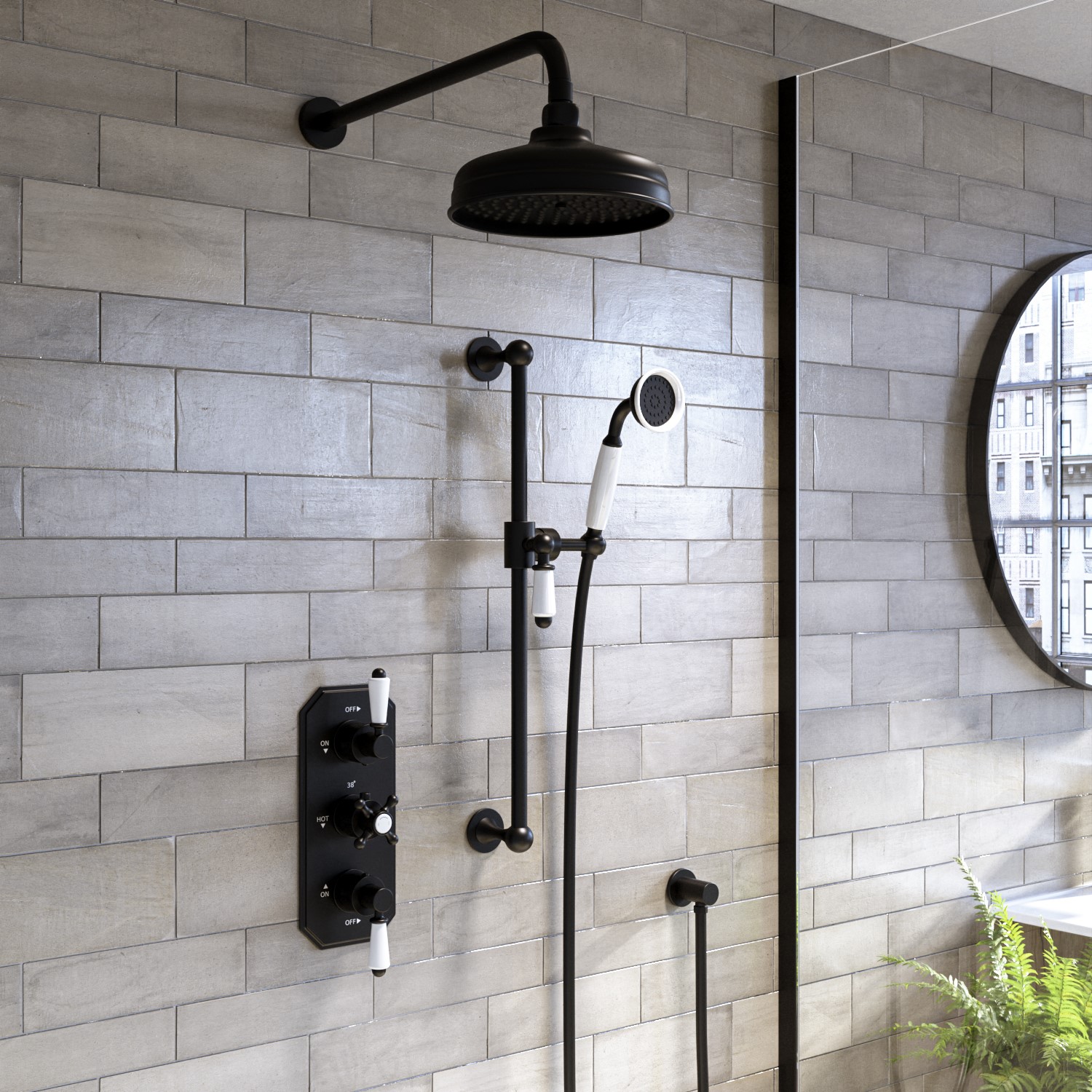 Black Dual Outlet Wall Mounted Thermostatic Mixer Shower Set with Hand ...