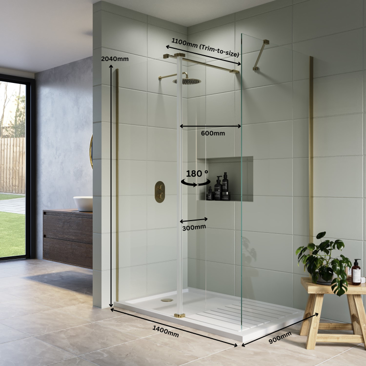 1400x900mm Brushed Brass Walk In Shower Screen Enclosure with 300mm ...