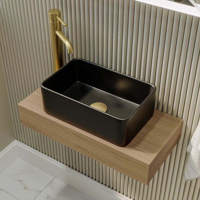 560mm Wood Effect Wall Hung Floating Basin Shelf and Black Basin ...