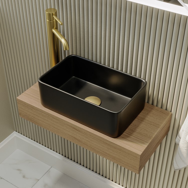 560mm Wood Effect Wall Hung Floating Basin Shelf and Black Basin ...