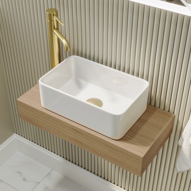 560mm Wood Effect Wall Hung Floating Basin Shelf and White Basin ...