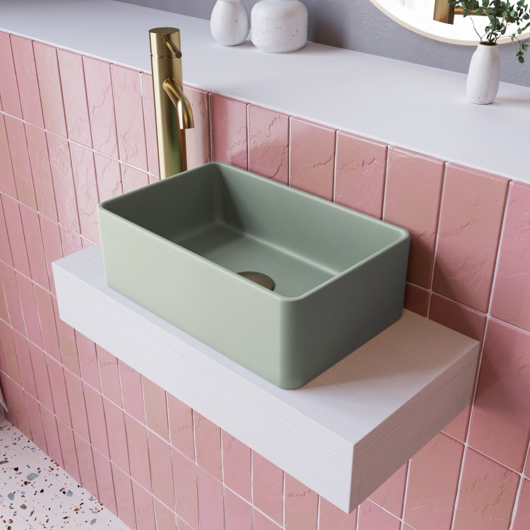 560mm Matt White Wall Hung Floating Basin Shelf and Green Basin - Evora ...