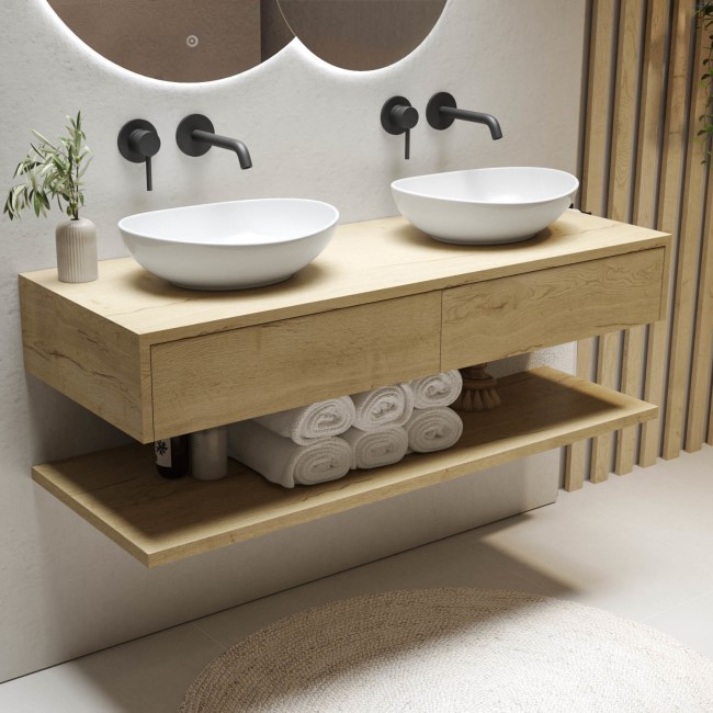 1200mm Wood Effect Wall Hung Double Countertop Vanity Unit with Oval ...