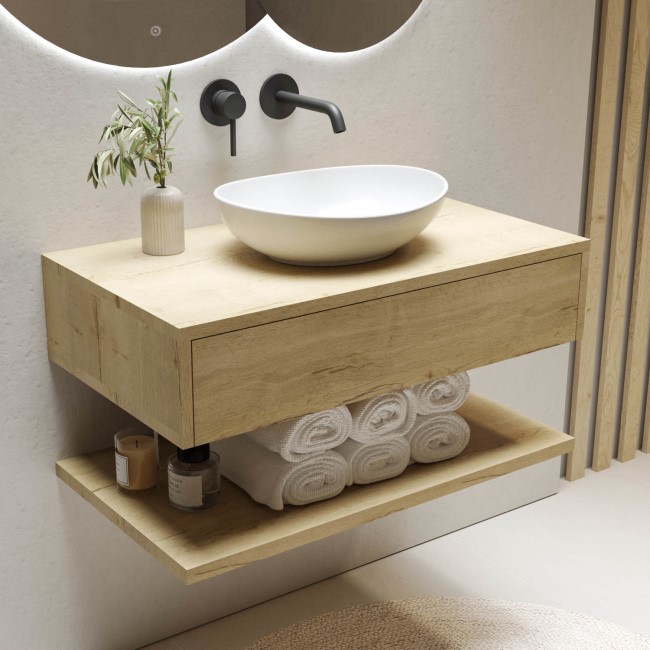 800mm Oak Wall Hung Countertop Vanity Unit with Oval Basin and Shelf ...
