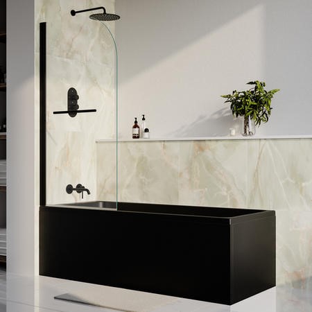 Matt Black Single Ended Shower Bath with Front Panel & Matt Black ...