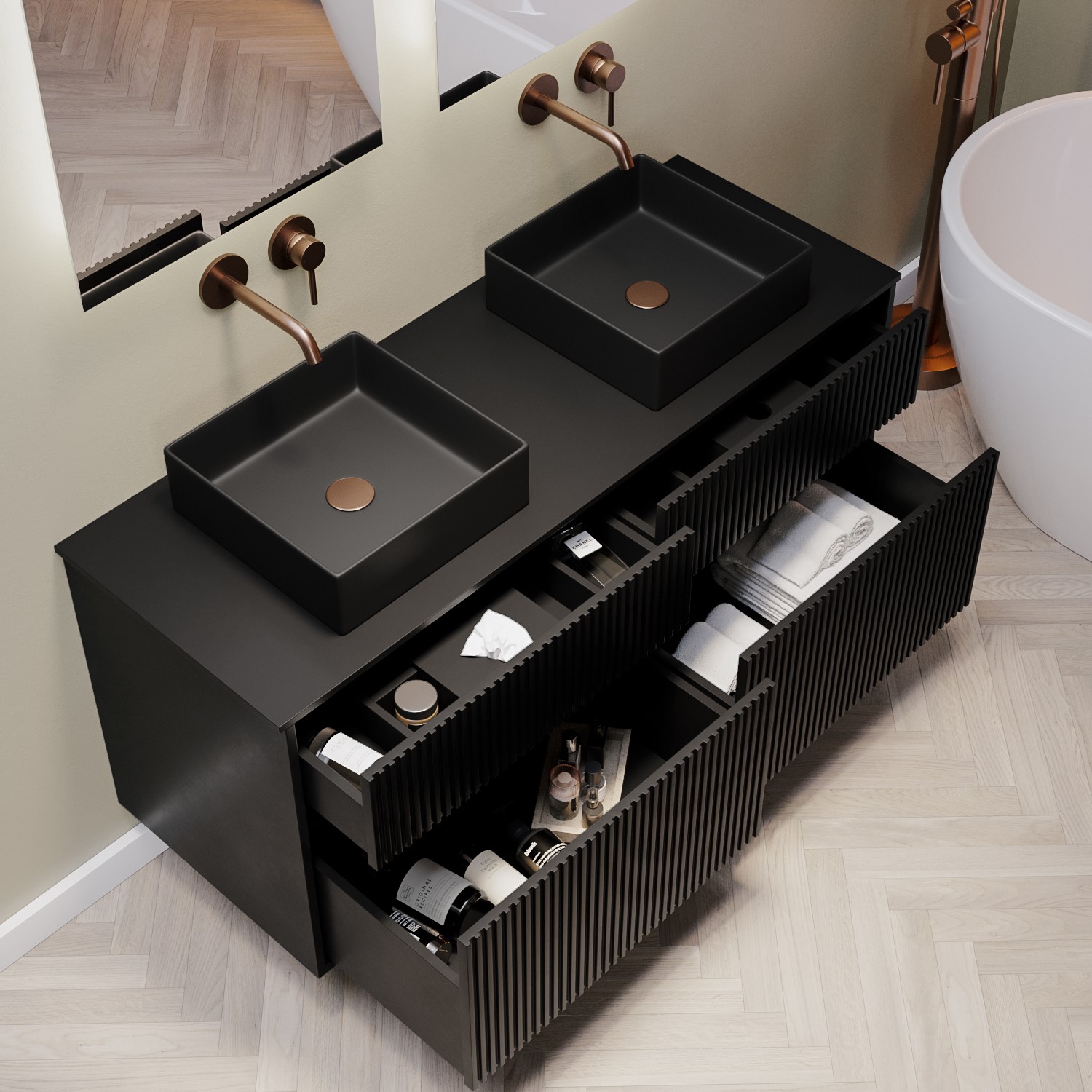 1250mm Black Wooden Fluted Wall Hung Countertop Double Vanity Unit with ...