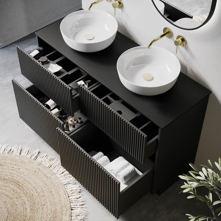 1250mm Black Wooden Freestanding Countertop Double Vanity Unit with ...