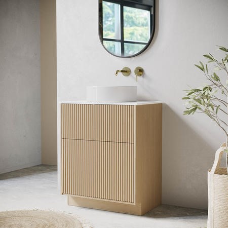 650mm Wooden Fluted Freestanding Countertop Vanity Unit with Round Basin - Matira - Better Bathrooms