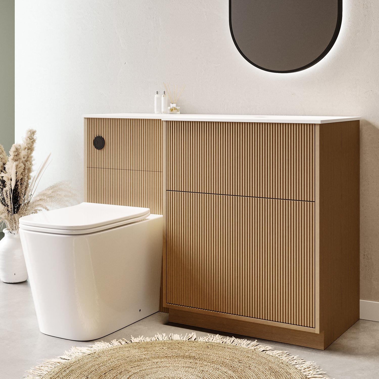 1150mm Wooden Fluted Right Hand Toilet and Sink Unit with Square Toilet ...