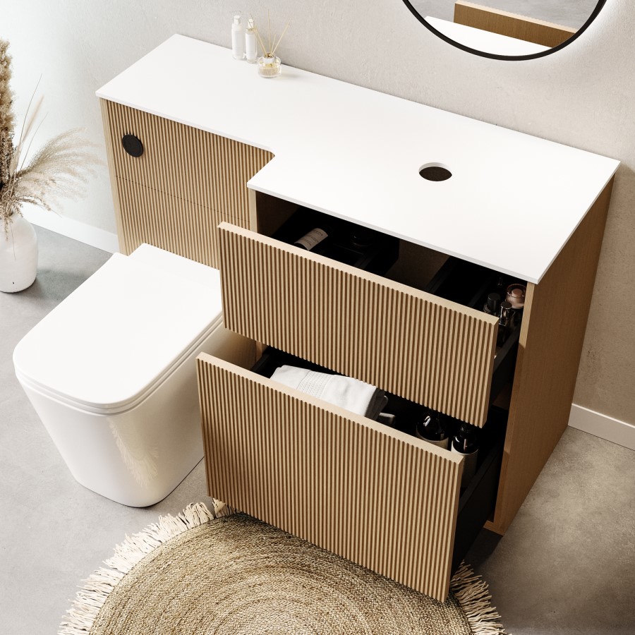 1150mm Wooden Fluted Right Hand Toilet and Sink Unit with Square Toilet ...
