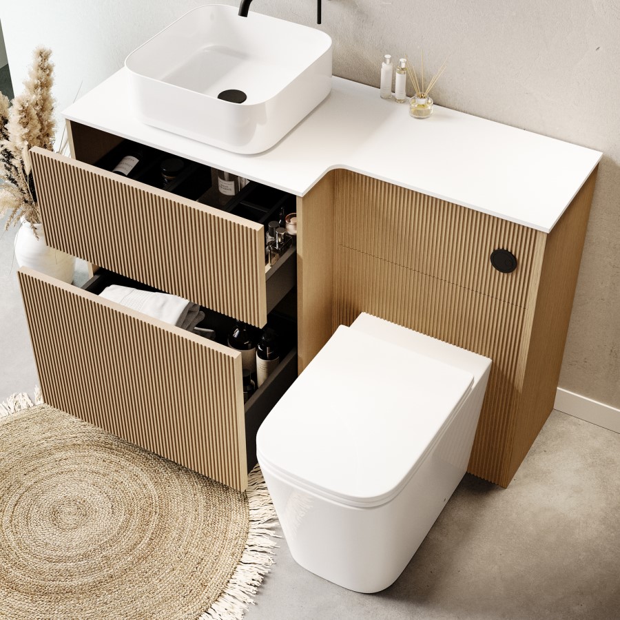 1150mm Wooden Fluted Left Hand Toilet and Sink Unit with Square Toilet ...