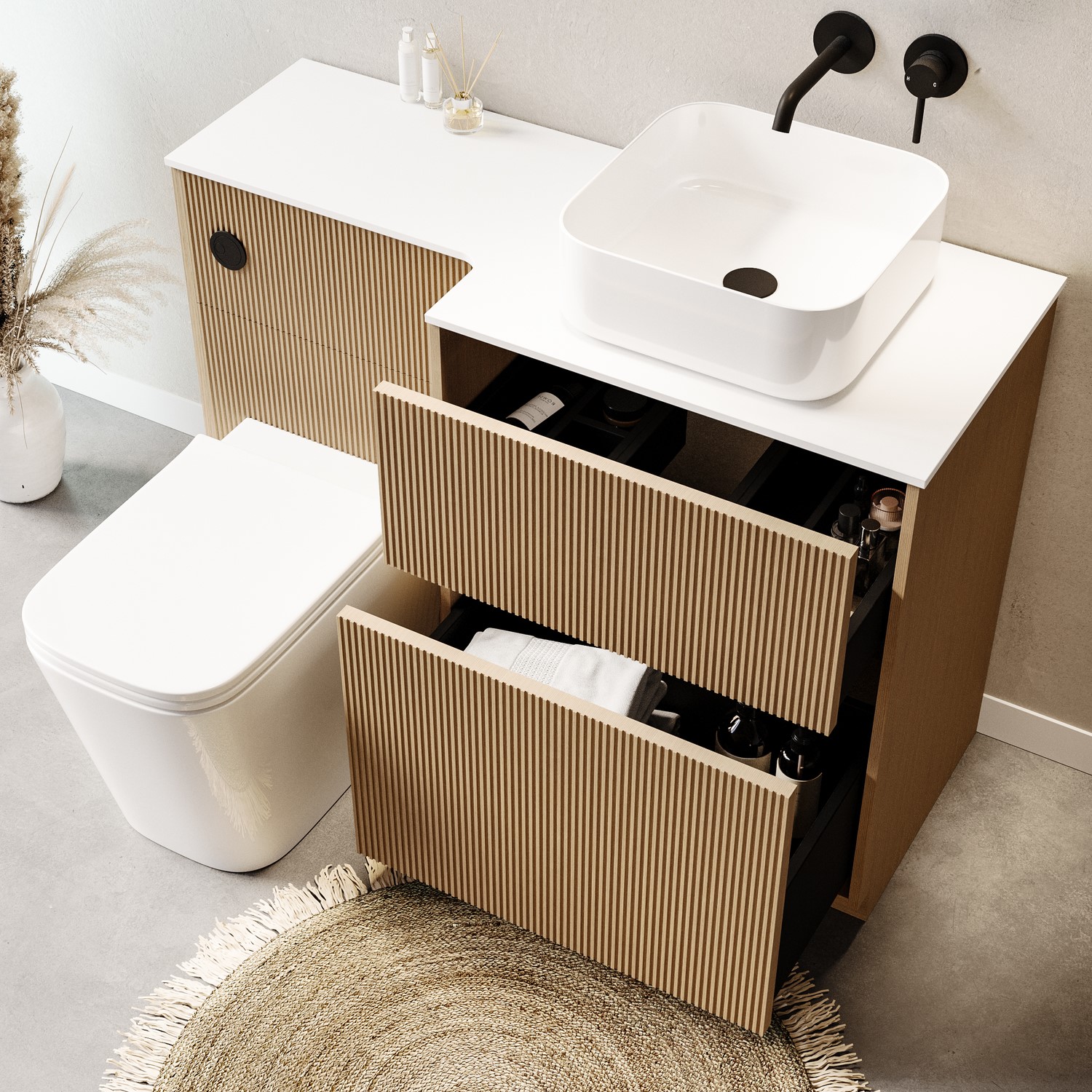 1150mm Wooden Fluted Right Hand Toilet and Sink Unit with Square Toilet ...