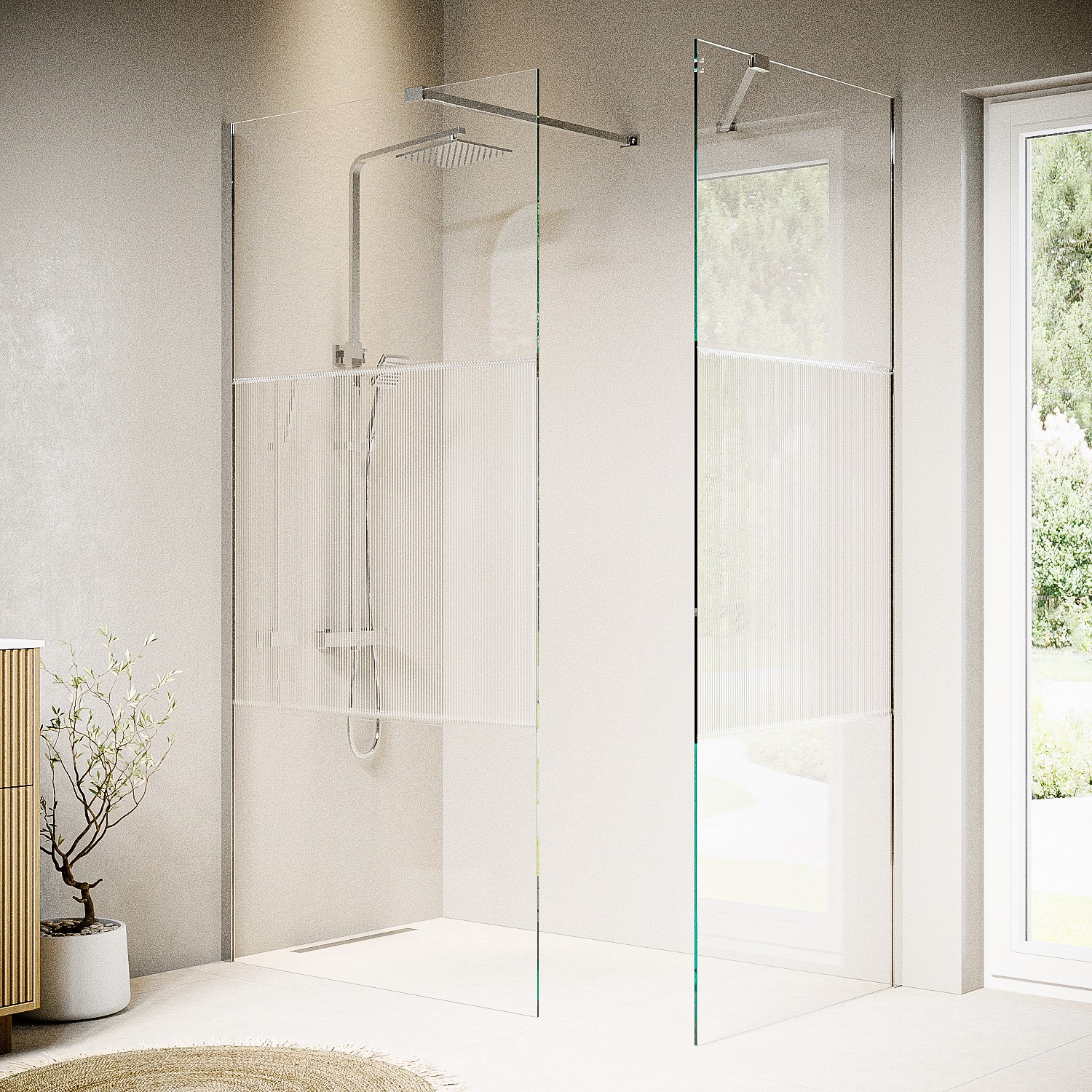 1400x800mm Chrome Frameless Semi Fluted Walk In Shower Enclosure