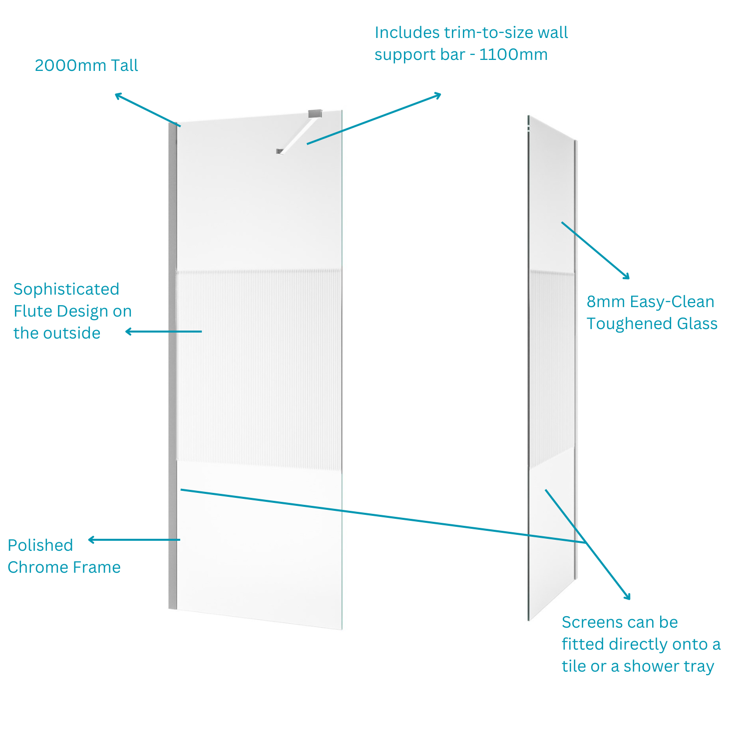 1400x800mm Chrome Frameless Semi Fluted Walk In Shower Enclosure