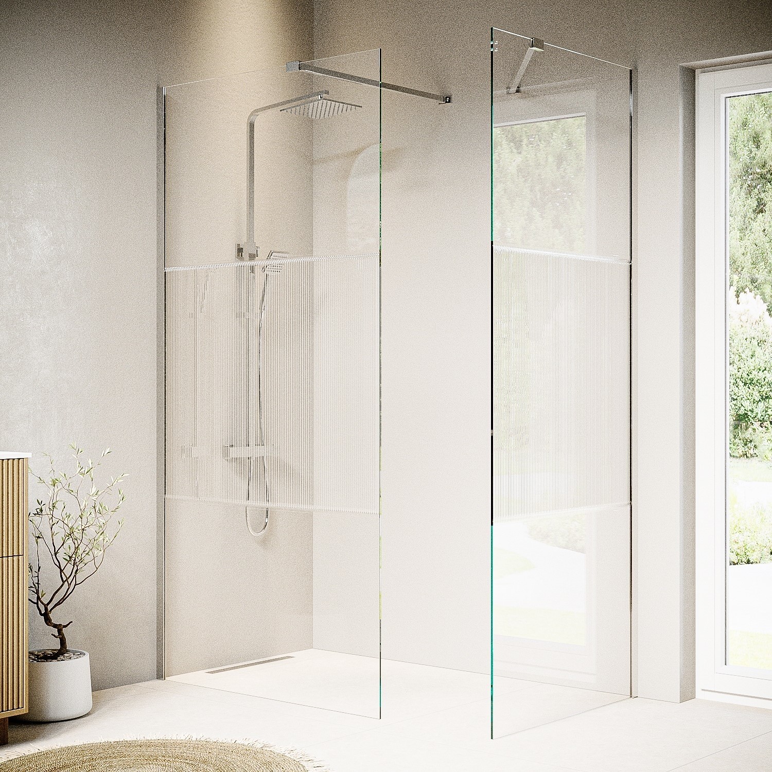 1400x900mm Chrome Frameless Fluted Glass Glass Walk In Shower Enclosure