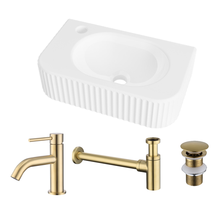 Rectangular Fluted Wall Hung Basin 410mm with Brass Tap Bottle Trap and ...