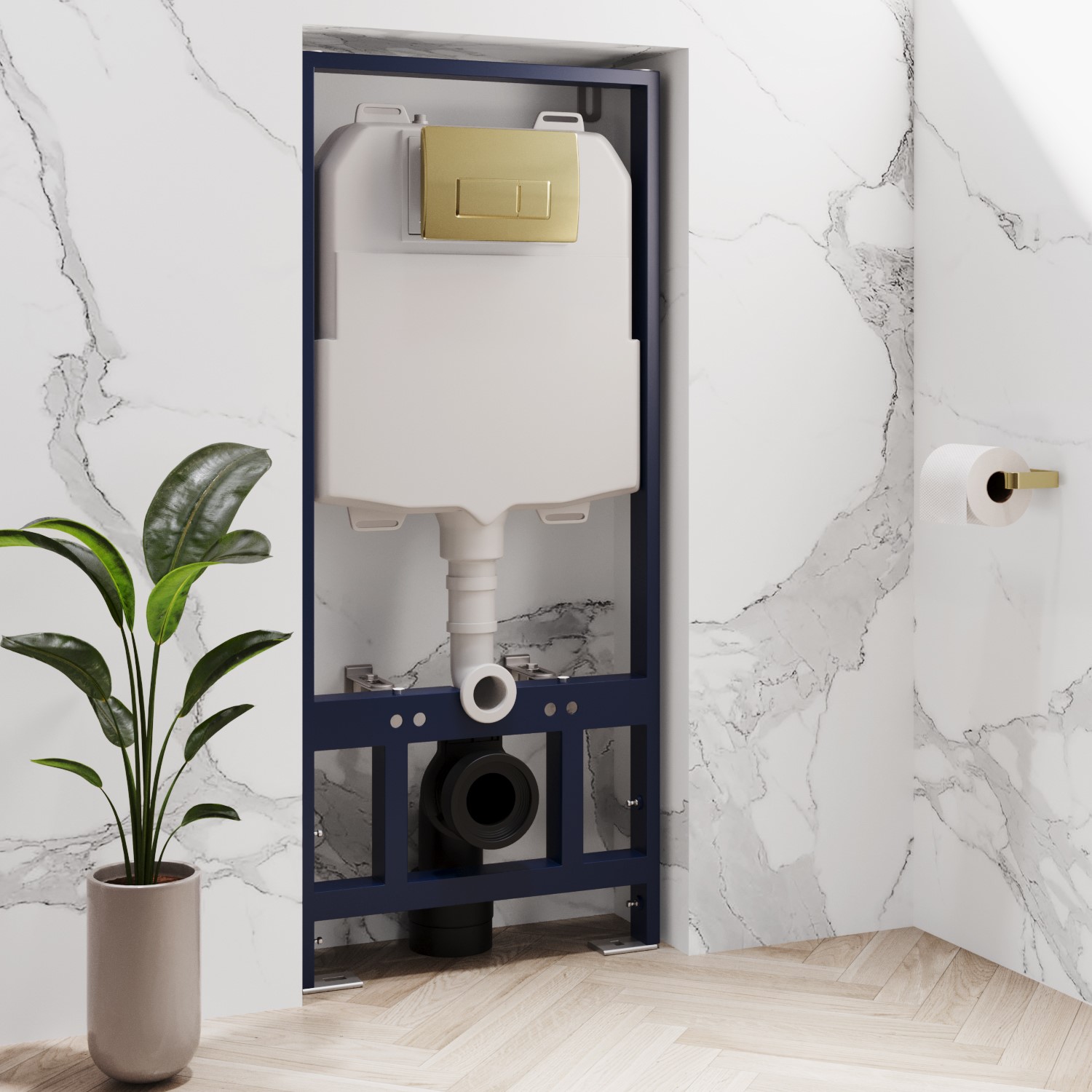 Concealed Cistern 1170mm Pneumatic Frame with Brushed Brass Flush Plate ...