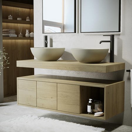1200mm Wood Effect Wall Hung Double Countertop Vanity Unit with ...