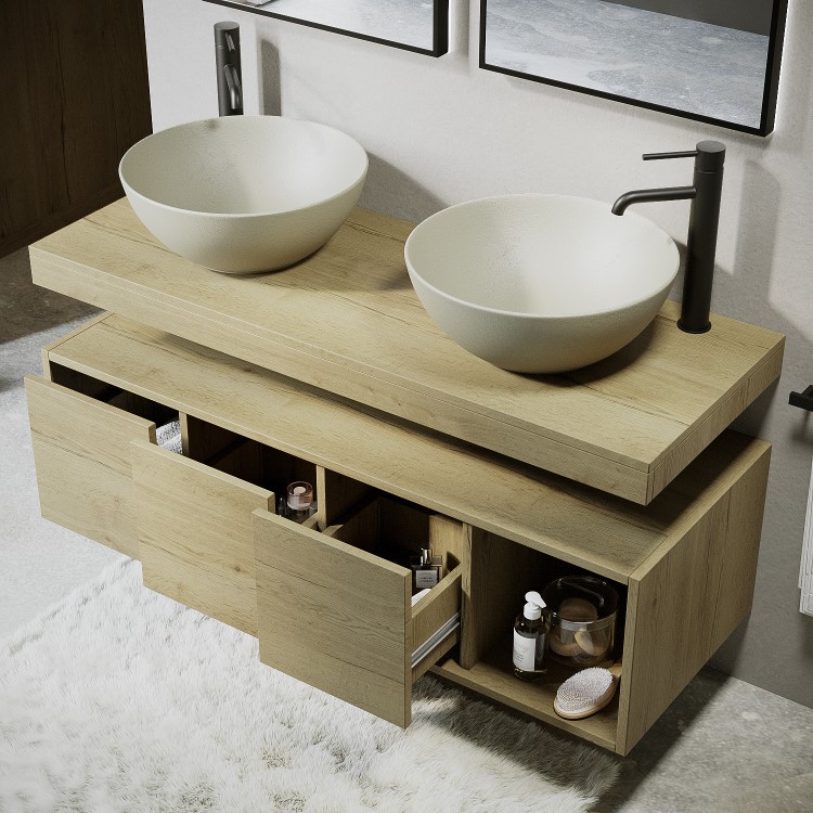 1200mm Wood Effect Wall Hung Double Countertop Vanity Unit with ...