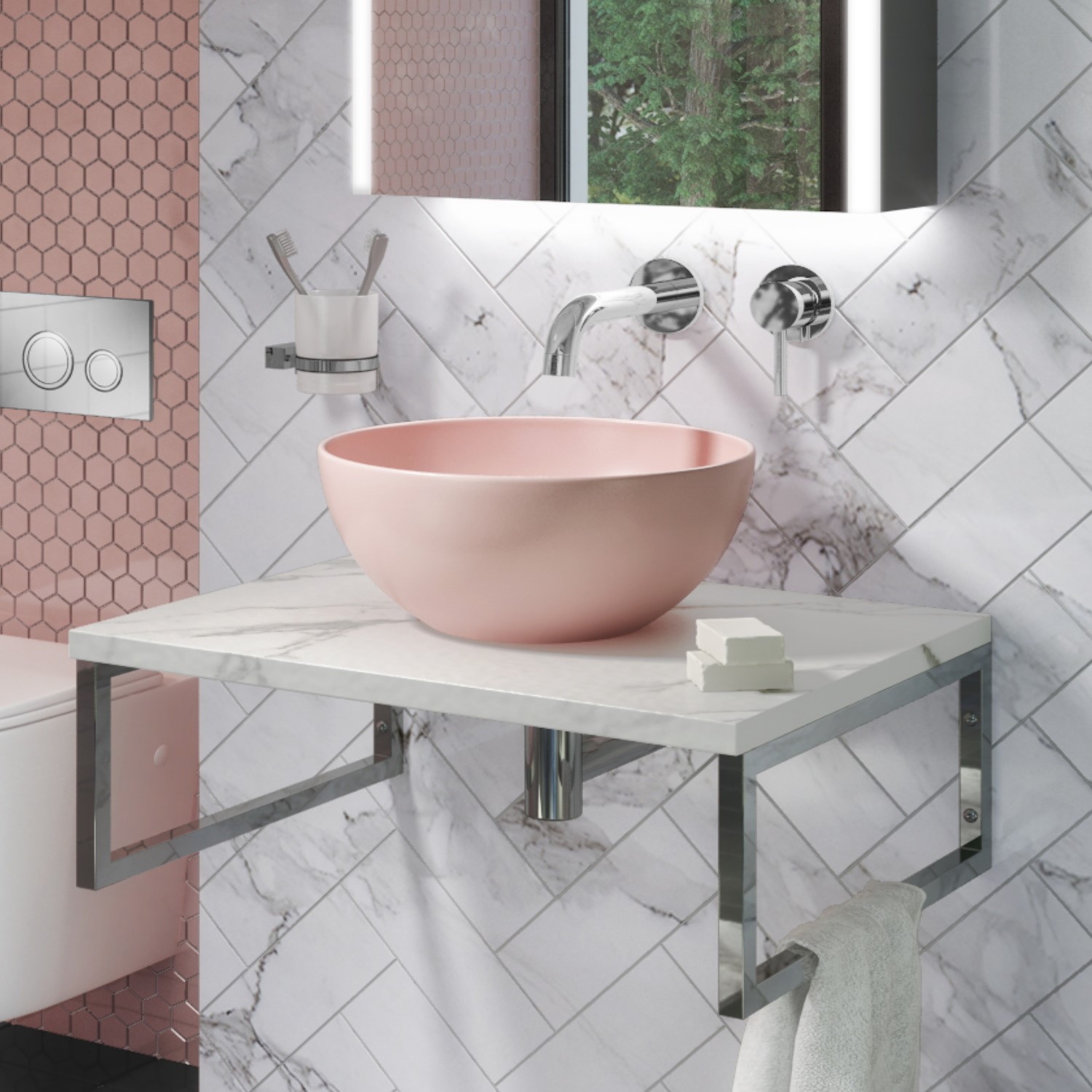GRADE A1 - Pink Round Countertop Basin 360mm - Verona - Better Bathrooms