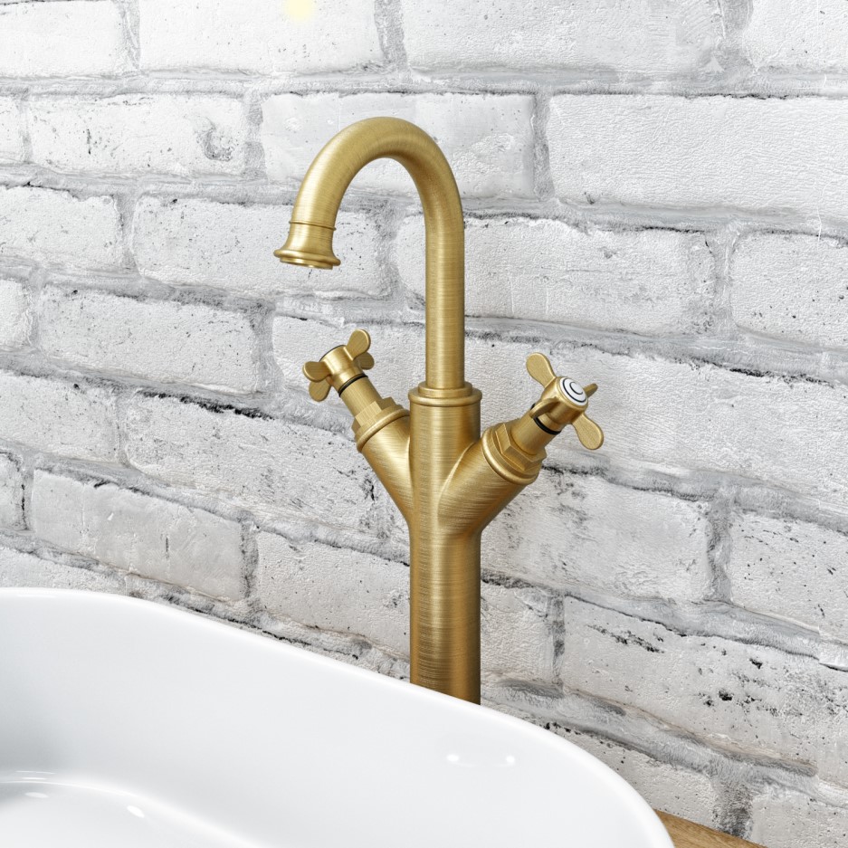 Camden Double Handle Tall Basin Mixer Tap - Brushed Brass - Better ...