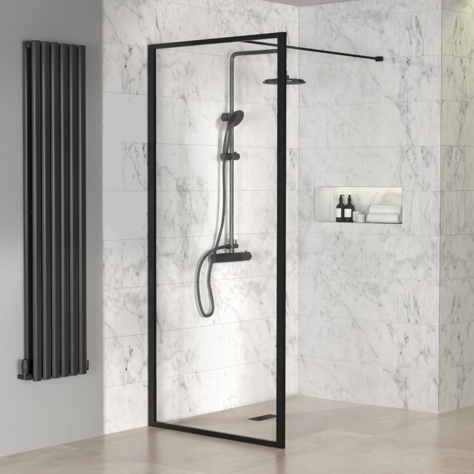 1200 Matt Black Framed Wetroom Panel 8mm Glass Zolla Better Bathrooms