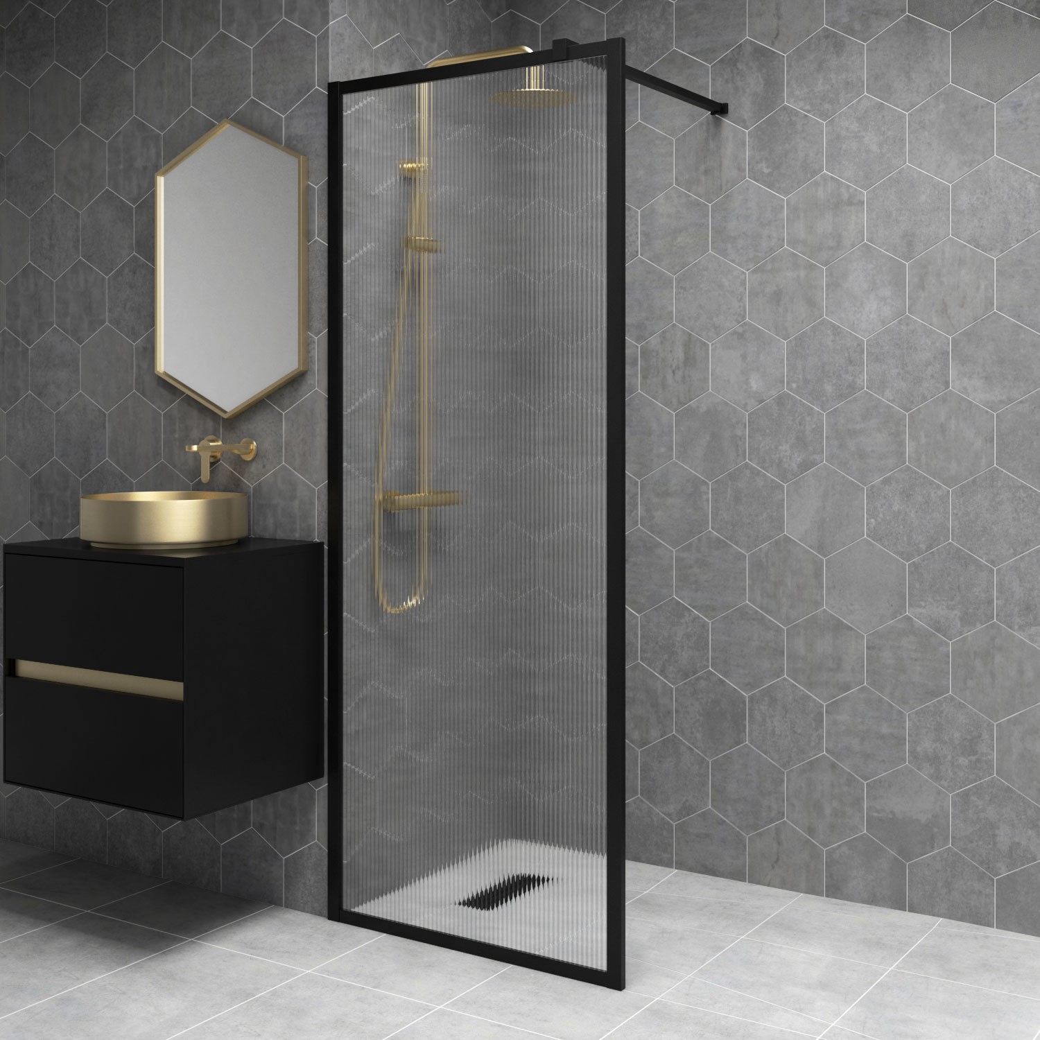 800mm Black Fluted Glass Wet Room Shower Screen - Volan - Better Bathrooms