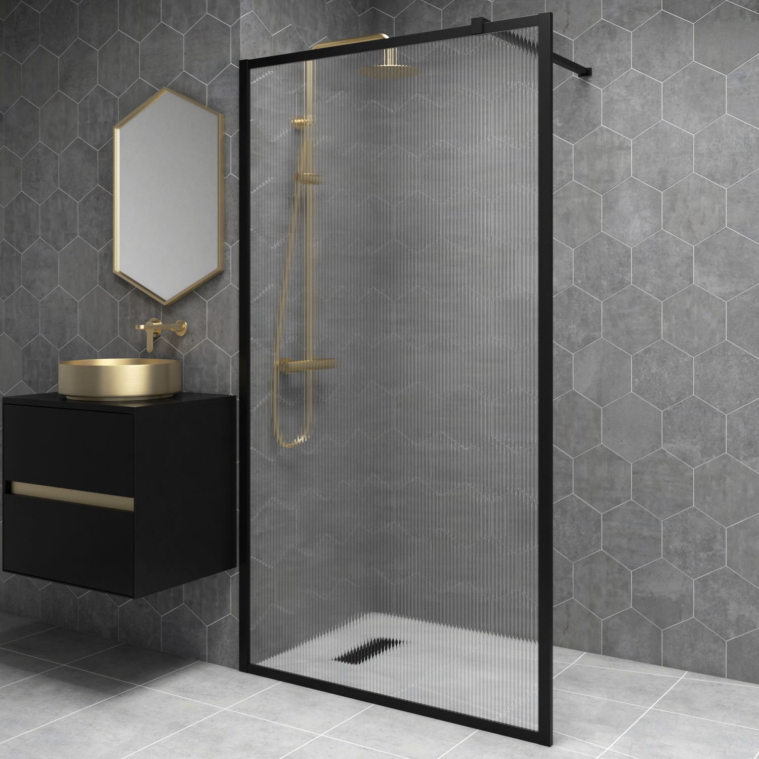 Grade A1 1100mm Black Fluted Glass Wet Room Shower Screen Volan