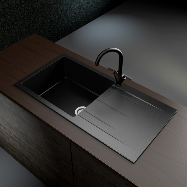 GRADE A1 - Single Bowl Inset Black Granite Kitchen Sink with Reversible ...